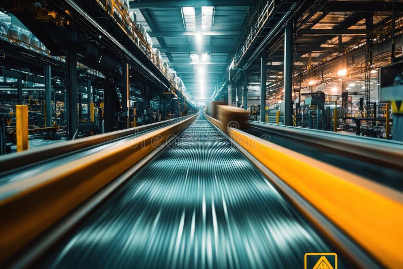 Industrial Conveyor Belt in Motion Inside a Modern Warehouse Showcasing Efficient Logistics and ...