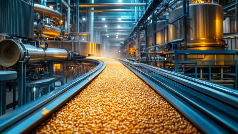 Industrial Conveyor Belt Transporting Corn Kernels in Modern Automated ...