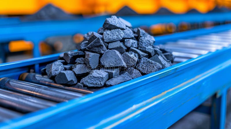 Industrial Conveyor with Pile of Coal Rocks in Manufacturing Plant ...