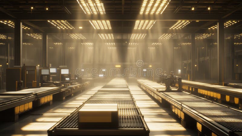 Industrial Conveyor System with Dust Motes Illuminated by Overhead ...