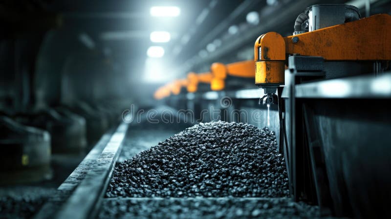 Industrial Conveyor System with Raw Materials in a Factory Setting ...