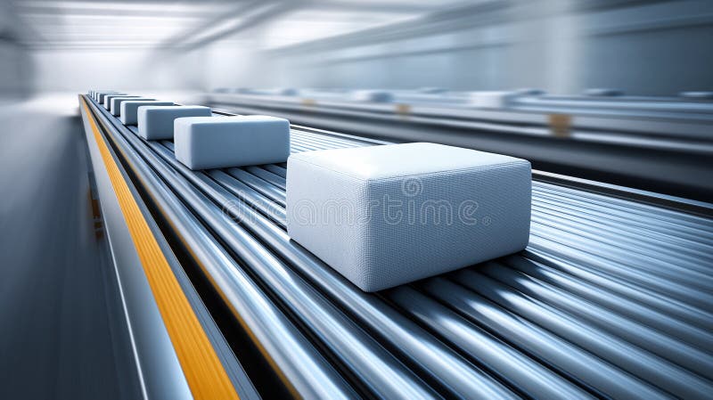 Industrial Conveyor Transporting White Packaging Boxes, Symbolizing ...