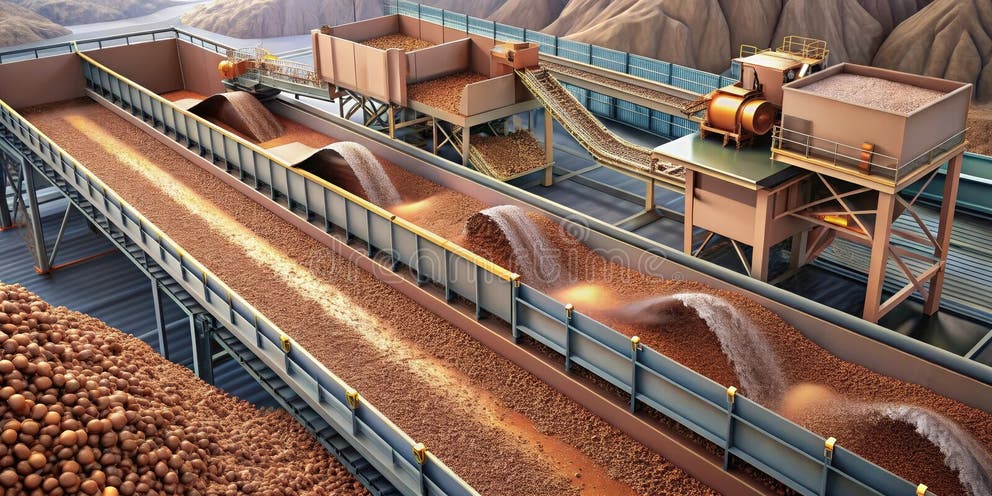Industrial Conveyors Transporting Raw Materials Across a Processing ...