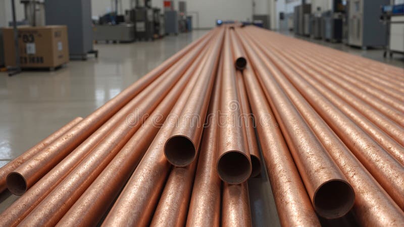 Industrial Copper Pipes in Parallel Rows on Factory Floor with Soft ...