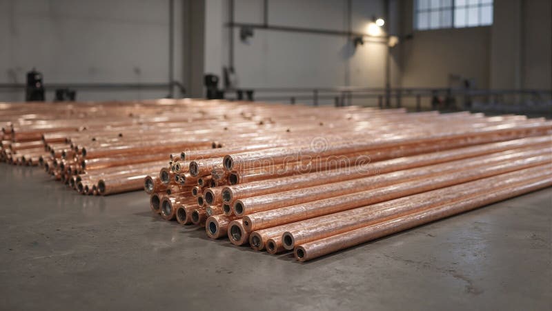 Industrial Copper Pipes in Parallel Rows on Factory Floor with Soft ...