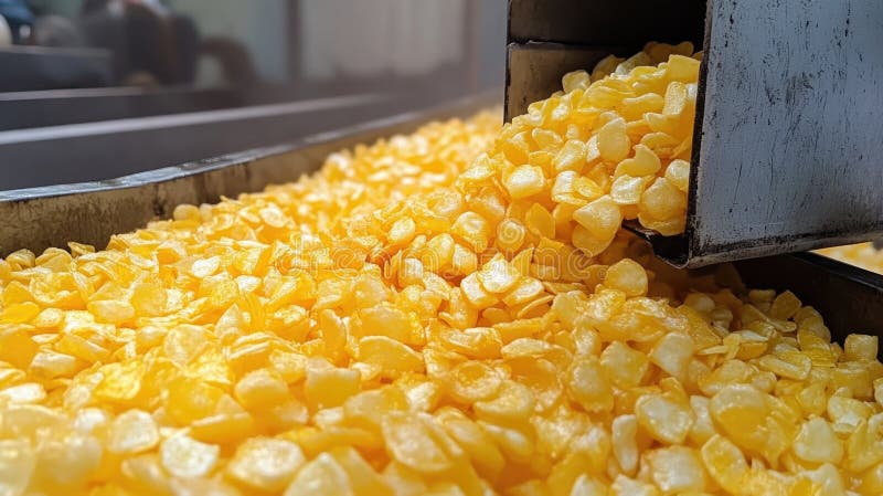 Industrial Corn Production Process Showing Corn Kernels on Conveyor ...