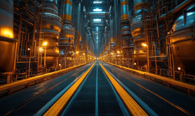 Industrial Corridor Illuminated by Orange Lights in a Processing Plant ...