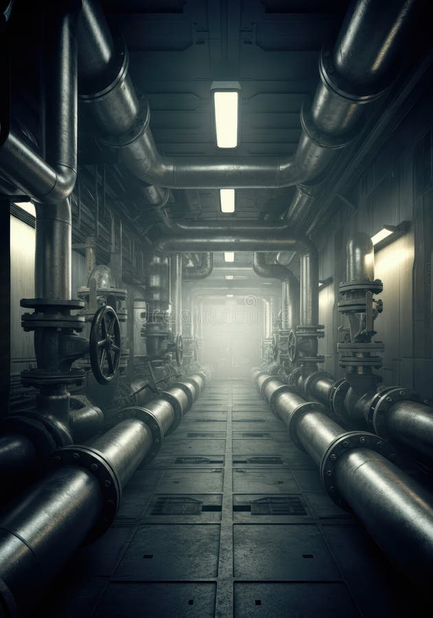 Industrial Corridor with Metallic Pipes and Valves Creating a ...