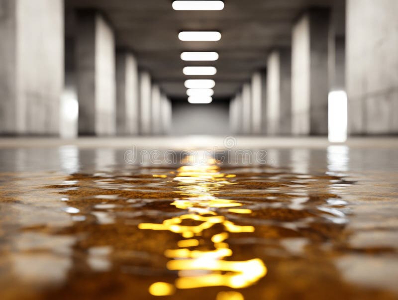 Industrial Corridor Reflective Wet Floor Illuminated by Overhead ...