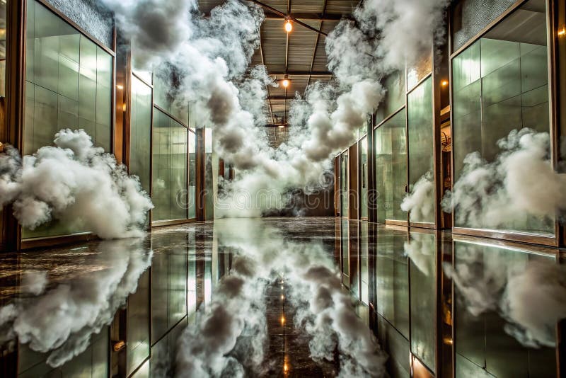 Industrial Corridor, Smoky Clouds, Mirrored Floor, Architectural ...