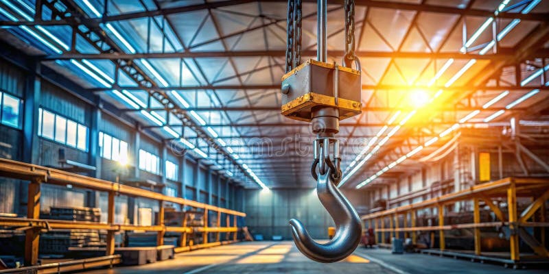 Industrial Crane Hook in a Large Warehouse Setting with Bright Lighting ...