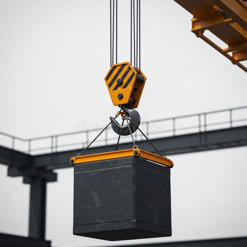An Industrial Crane is Lifting a Large, Black, Rectangular Metal ...