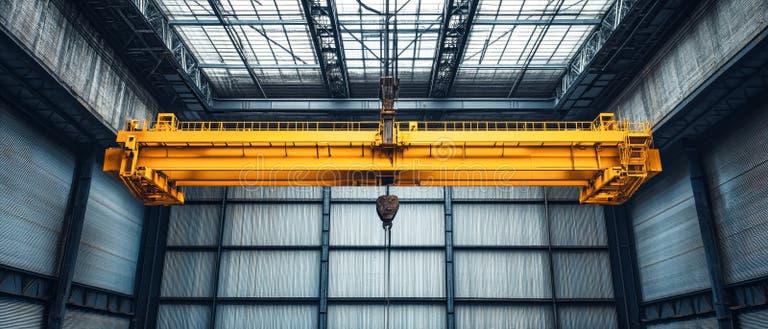 Industrial Crane with Movable Hook Elevated in a Modern Hangar, Showcasing Sleek Design and ...