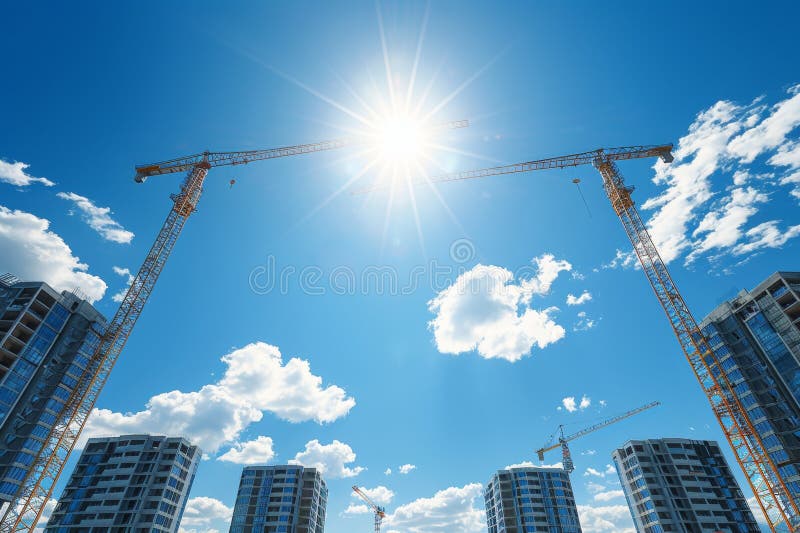 Industrial Cranes at Construction Site Under Blue Sky Apartment Building Development and ...