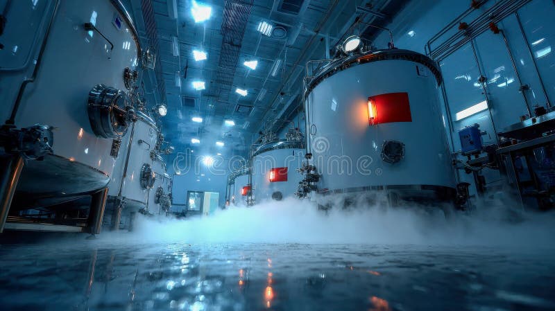 Industrial Cryogenic Tanks in a Futuristic Lab Setting with Visible ...