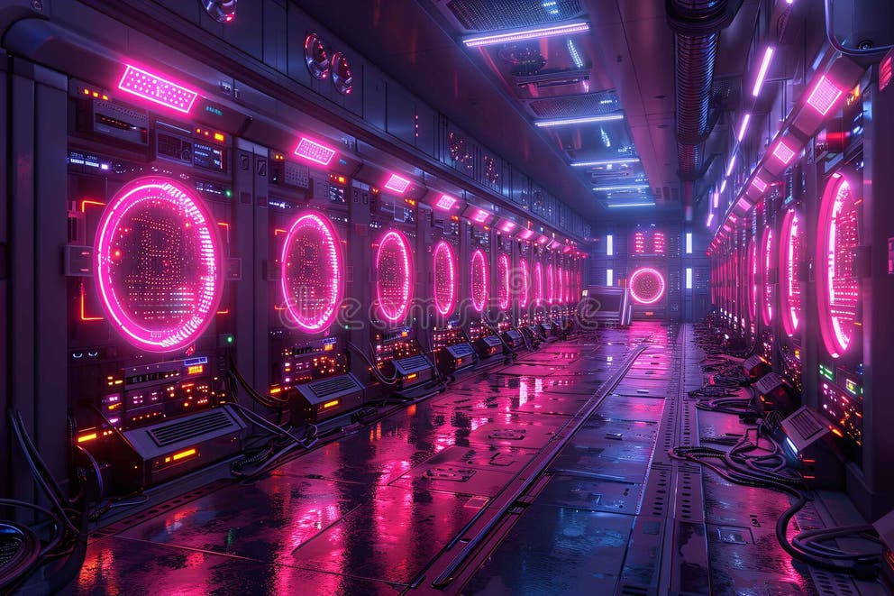 Industrial Crypto Mining Farm with Dim Lighting. Stock Illustration ...