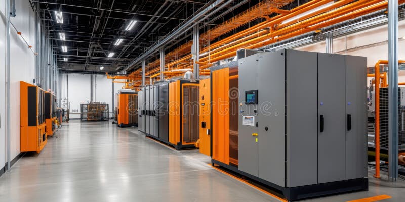Industrial Data Center with Orange and Gray Equipment, High-Tech ...