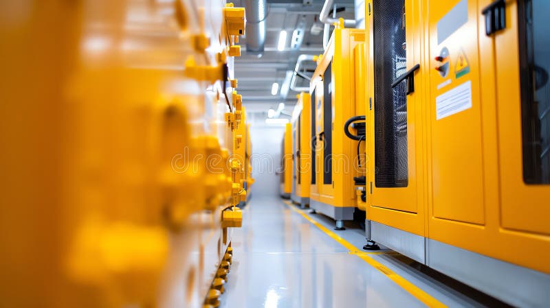 Industrial Data Center with Yellow Server Racks and Bright Lighting ...