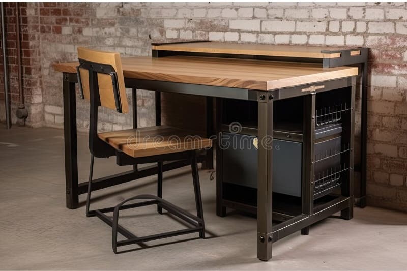 Industrial Desk and Chair, with Built-in Storage and Cable Management ...