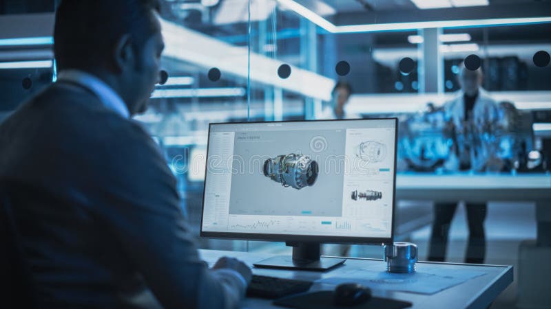 Industrial Developer Working on CAD Software on Desktop Computer in ...