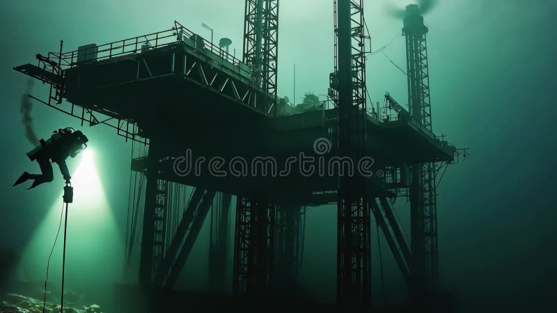 Industrial Diver Explores Underwater Oil Rig Environment in Deep Ocean ...