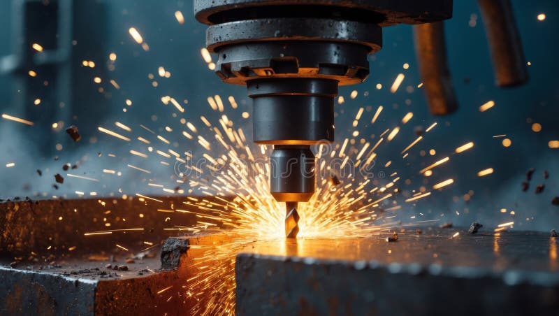 Industrial Drill Cutting Metal with Sparks Flying Stock Image - Image ...
