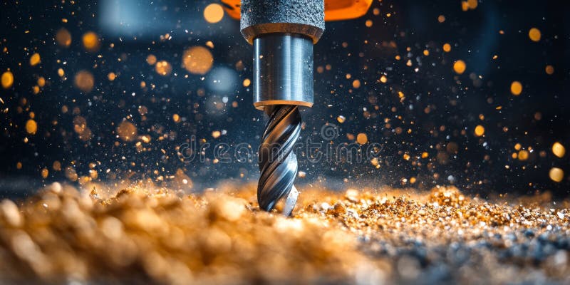 Industrial Drill Perforating Metal Surface Creating Gold Chips Stock ...