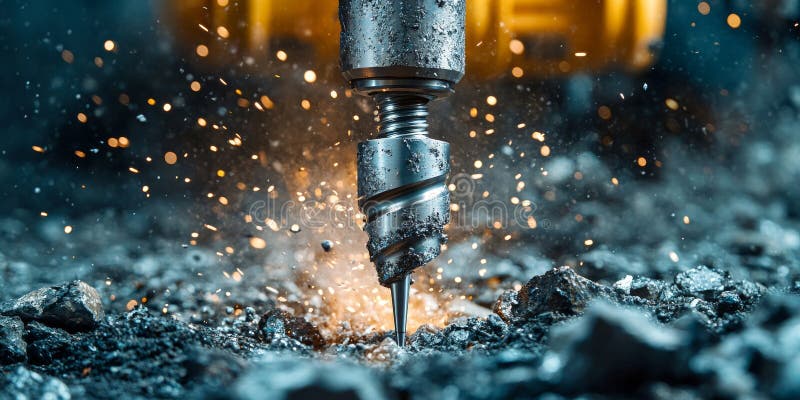 Industrial Drill Piercing Hard Rock Surface Creating Sparks in Mining ...