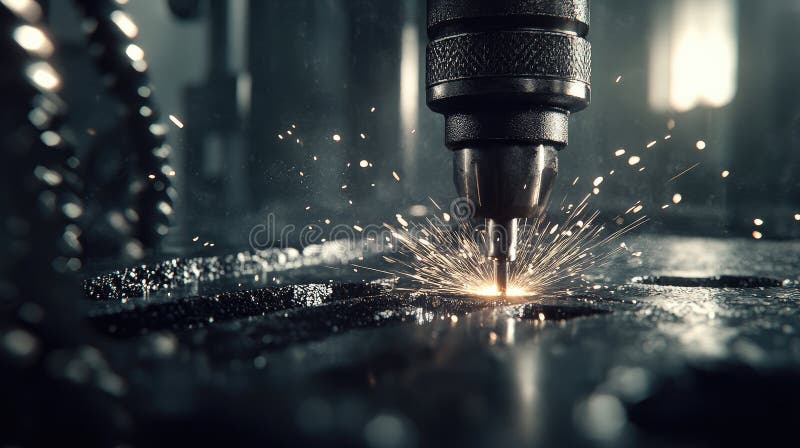 An Industrial Drill, with Sparks Flying during Operation of Production ...