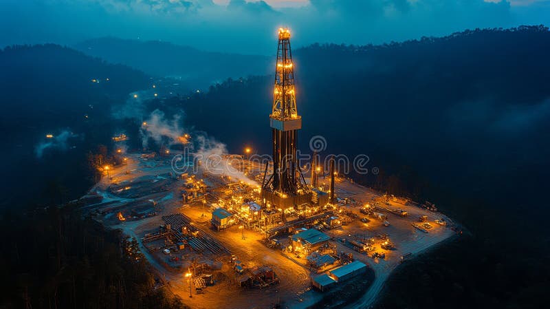 Industrial Drilling Rig Illuminated at Night in a Remote Mountainous ...