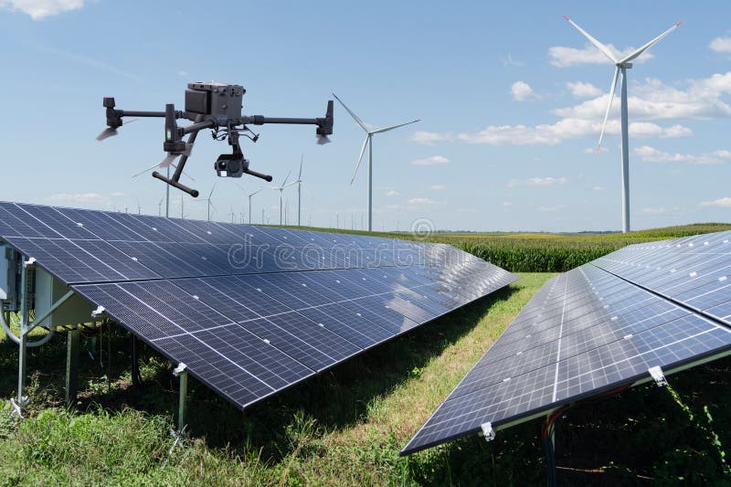 Industrial Drone Inspects Solar Panels Stock Image - Image of energy ...