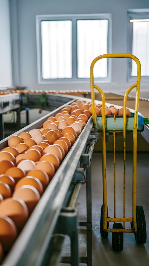 Industrial Egg Processing Facility with Conveyor Belt and Hand Truck ...