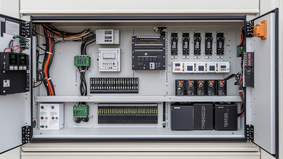 Industrial Electrical Control Panel with Circuit Breakers and Wiring ...