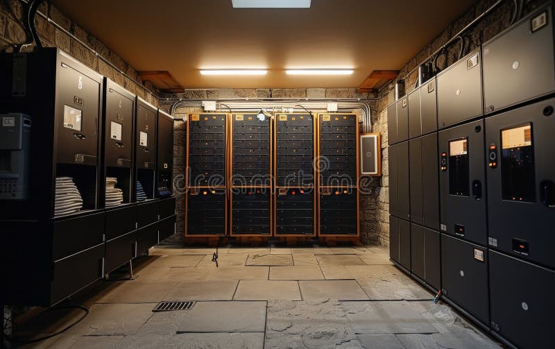 Industrial Electrical Control Room with Black Cabinets and Stone Floor ...