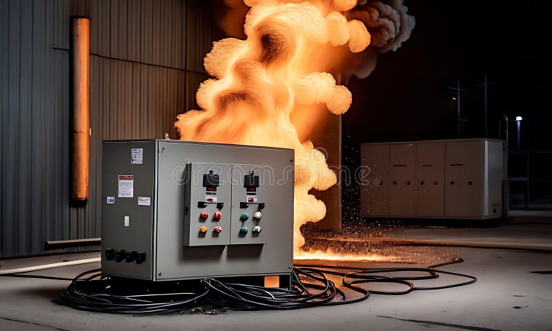 Industrial Electrical Panel Engulfed in Flames, with Sparks Flying from ...