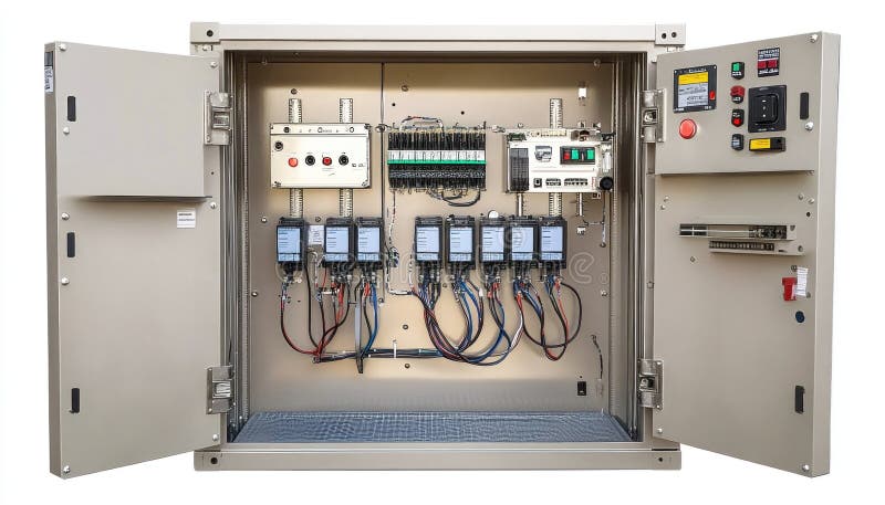 Industrial Electrical Panel with Open Doors Showing Wiring and ...