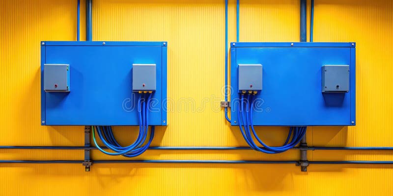 Industrial Electrical Panel System Two Blue Metal Boxes with Wiring on ...