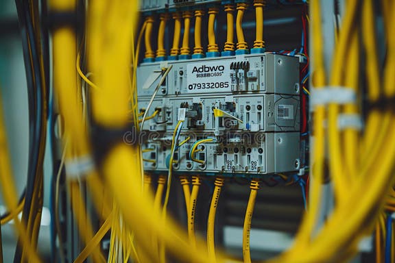Industrial Electrical Panel with Yellow Cabling in a Factory Setting ...