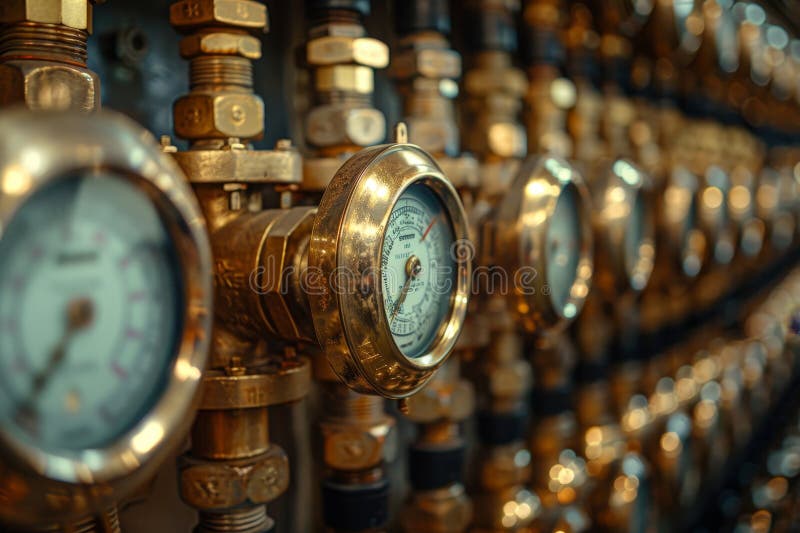 Industrial Engine Room Featuring Water Pumps, Valves, Pressure Gauges ...