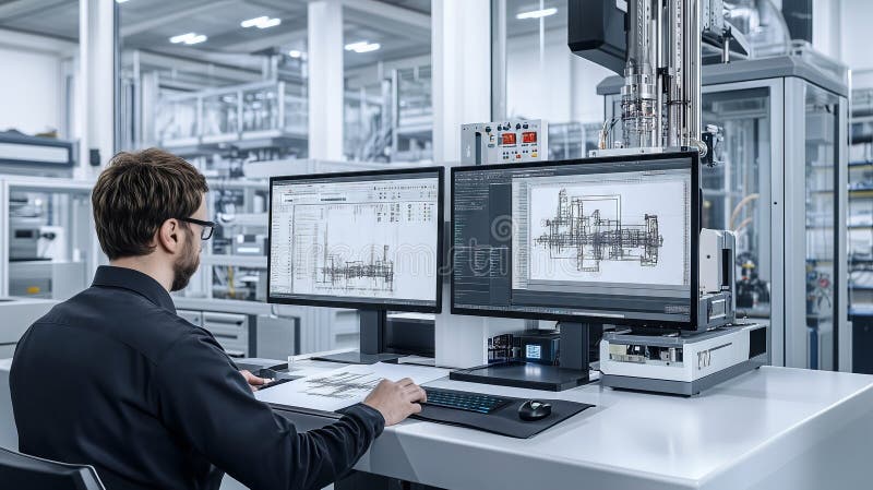 Industrial Engineer Working on Computer in Modern Factory Control Room ...