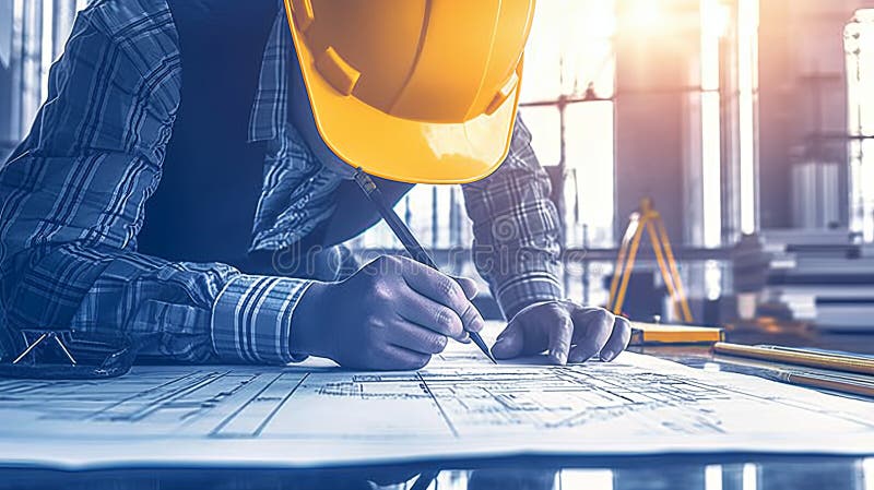 Industrial Engineer Drafting Blueprints in Modern Construction Setting ...