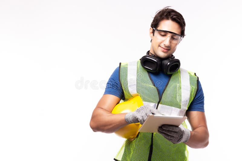 Industrial Engineer Guy Hold Hard Hat Wearing Safety Jacket, Safety ...