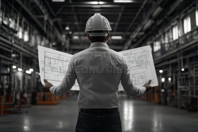 Industrial Engineer Holding Blueprint in a Large Factory Stock Photo ...