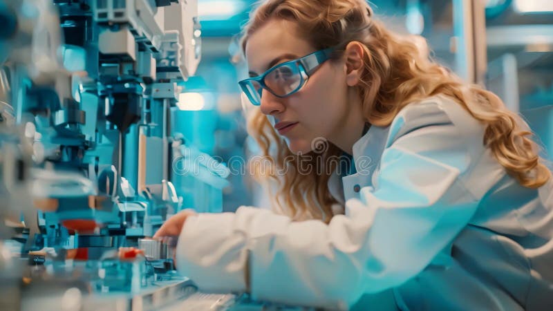 An Industrial Engineer in a Lab Coat Works on a Machine in a ...