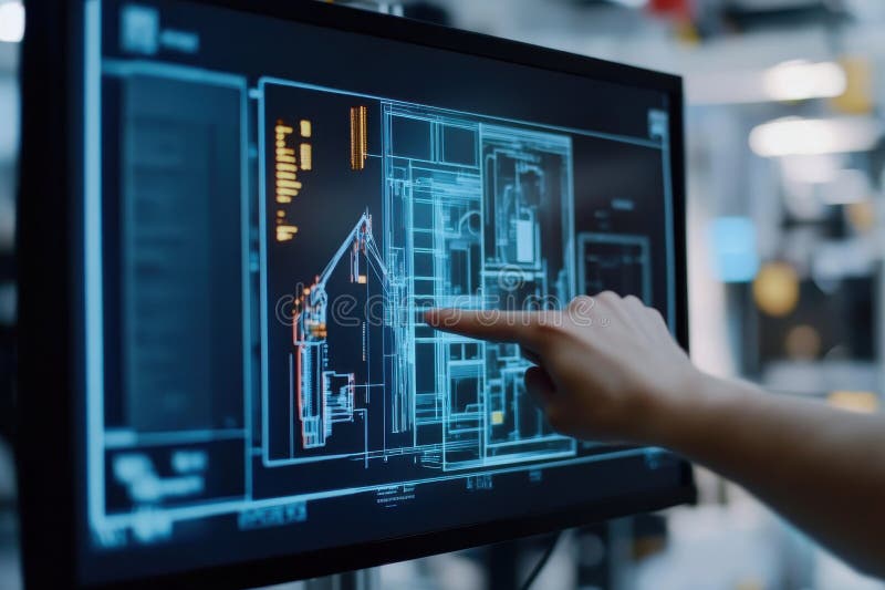 Industrial Engineer Pointing at Digital Blueprint on Computer Screen in ...