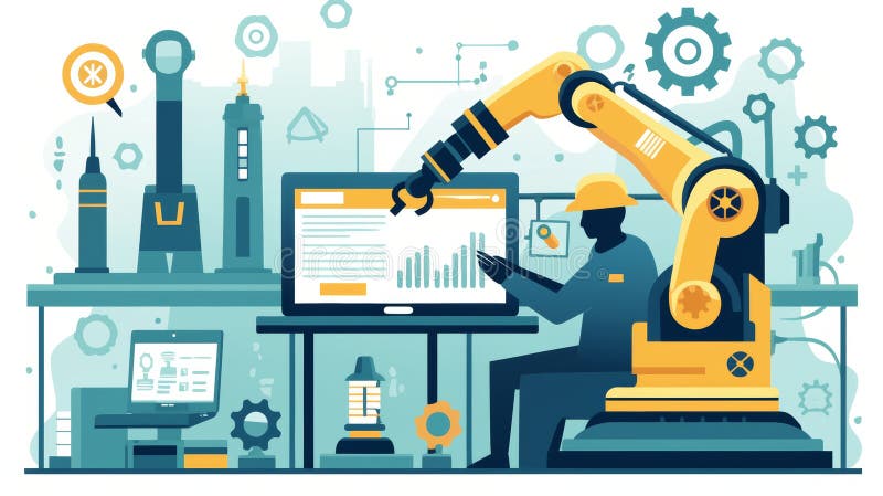 Industrial Engineer Using Digital Tablet To Control Robotic Arm in ...