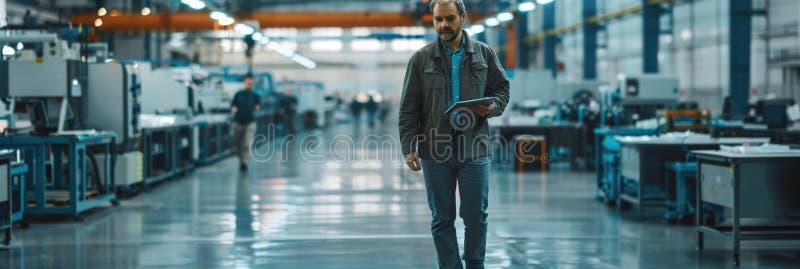Industrial Engineer Walking through a Spacious Manufacturing Facility ...