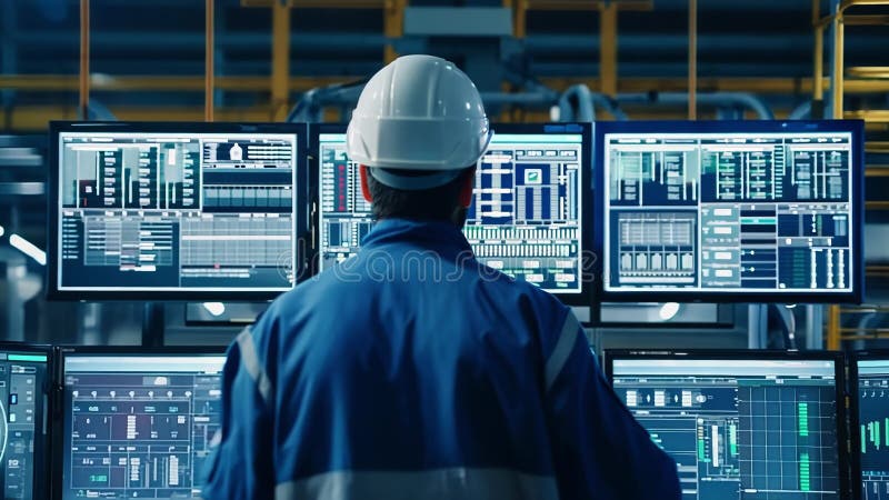 Industrial Engineer Working at Computer in a Factory Control Room Stock ...