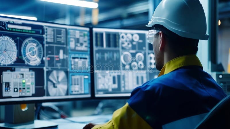 Industrial Engineer Working on Computer at Factory Control Desk Stock ...