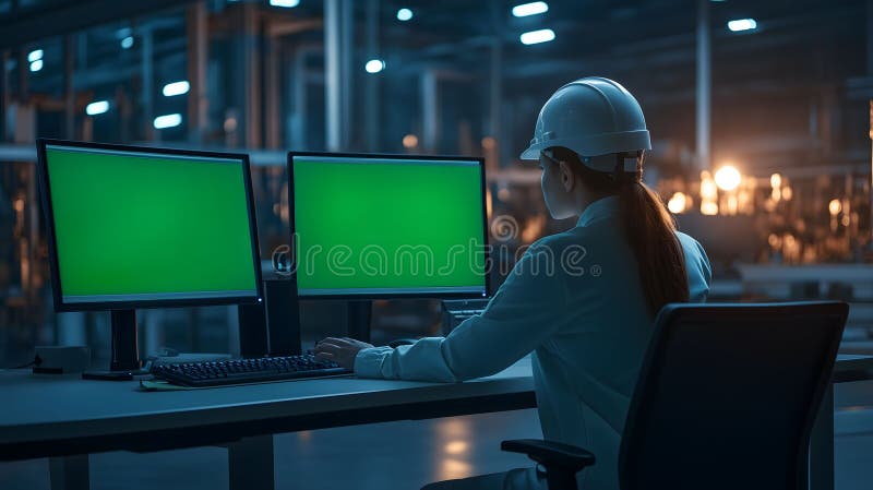 Industrial Engineer Working on Green Screen Computer in a Factory Stock ...